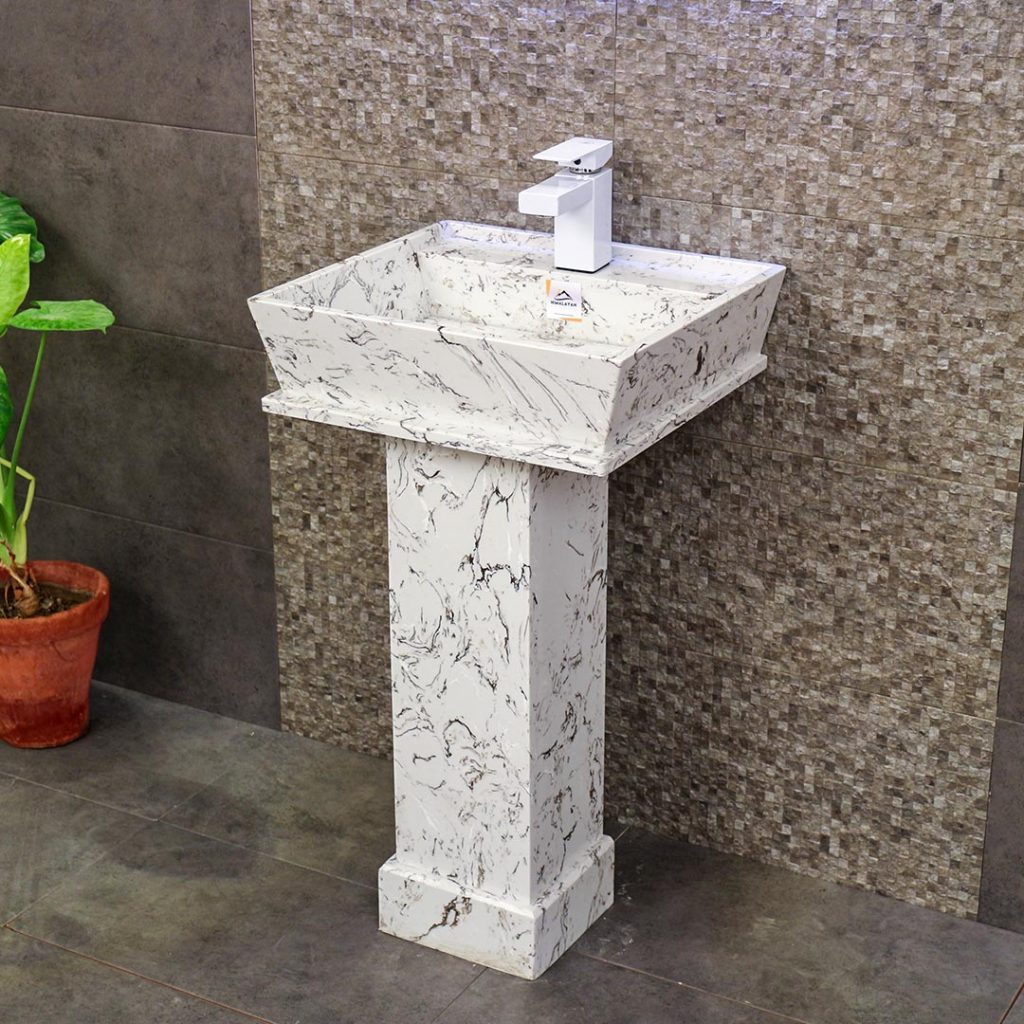 Fish Belly Single Pillar Wash basin with Upper Mounted Sink White Granite